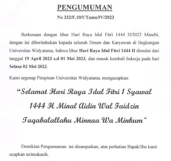 Pengumuman Libur Hari Raya Idul Fitri 1444H/2023